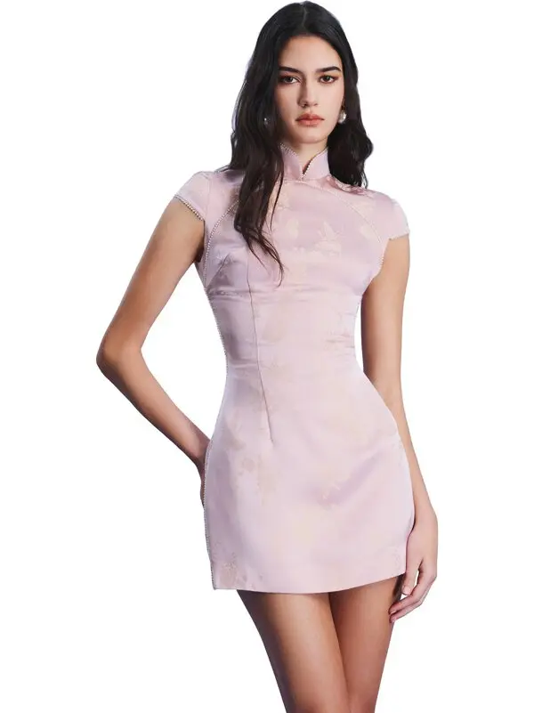SAU LEE Cara Satin Jacquard Mini Dress - Pink Petal