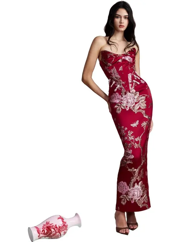 SAU LEE Novella Brocade Strapless Maxi Gown - Red Sangria