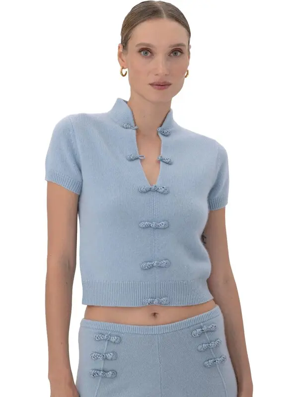 SAU LEE Aspen Cashmere Short Sleeve Top With Knot Detailing - Blue Ash