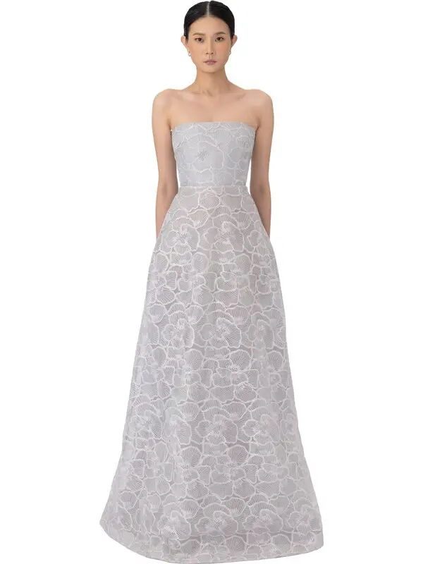 SAU LEE Yvonne Embroidered Strapless Gown - Silver Grey