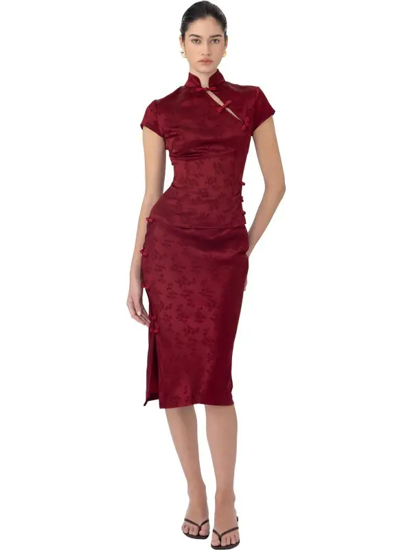 SAU LEE Ren Satin Jacquard Midi Skirt - Red Sangria
