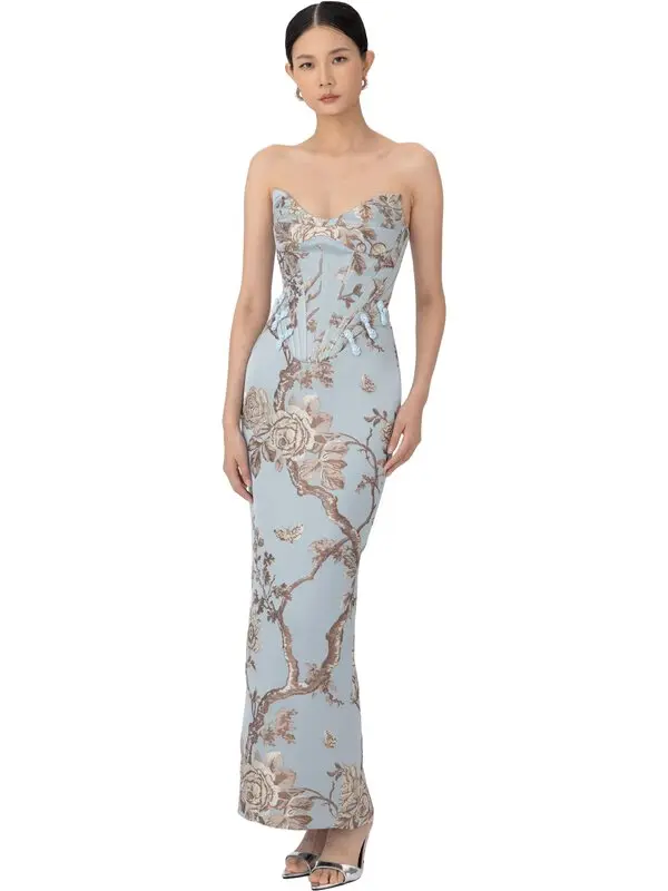 SAU LEE Novella Brocade Strapless Sweetheart Bustier Maxi Gown - Blue Ash