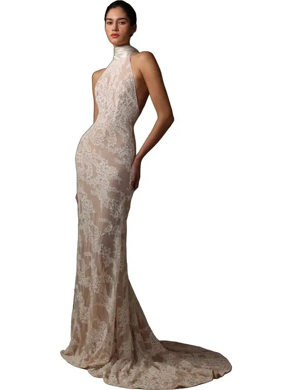 SAU LEE Andrea Lace Gown With High Neck And Open Back - White