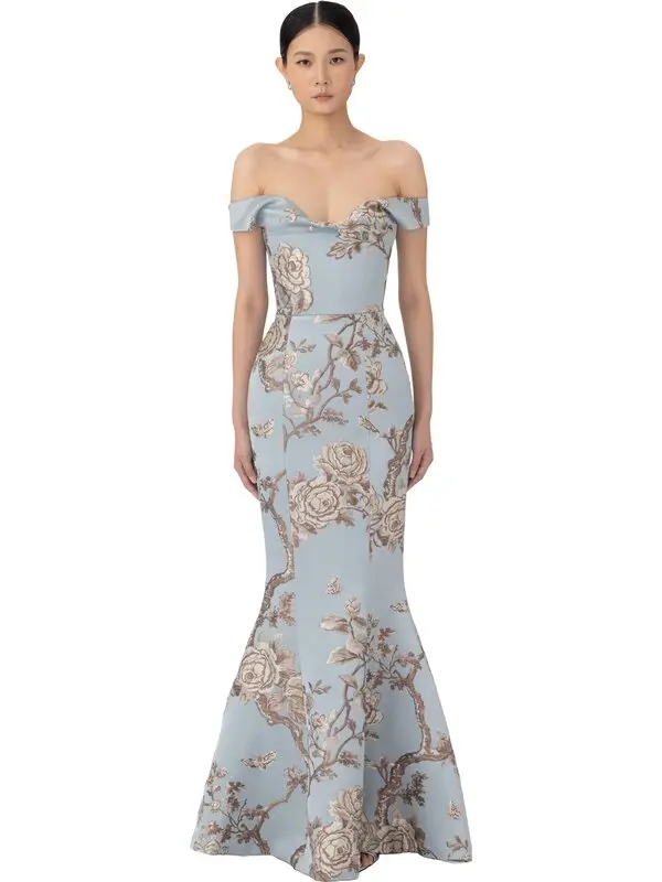 SAU LEE Natalya Off-the-shoulder Brocade Gown - Blue Ash