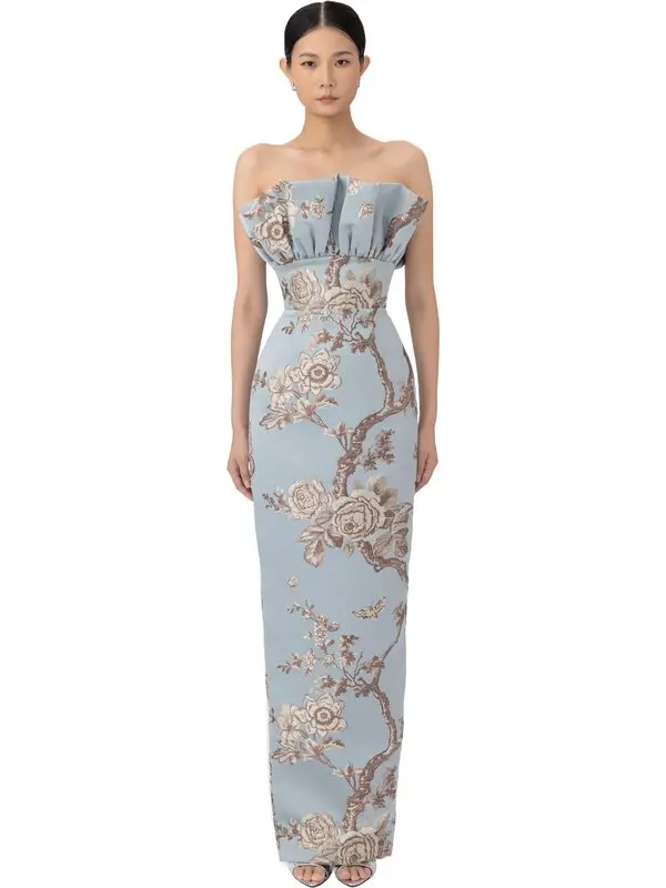 SAU LEE Noah Brocade Gown - Blue Ash