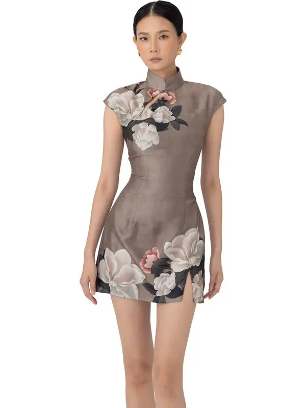 SAU LEE Devon Mini Dress With Magnolia Print - Desert Taupe