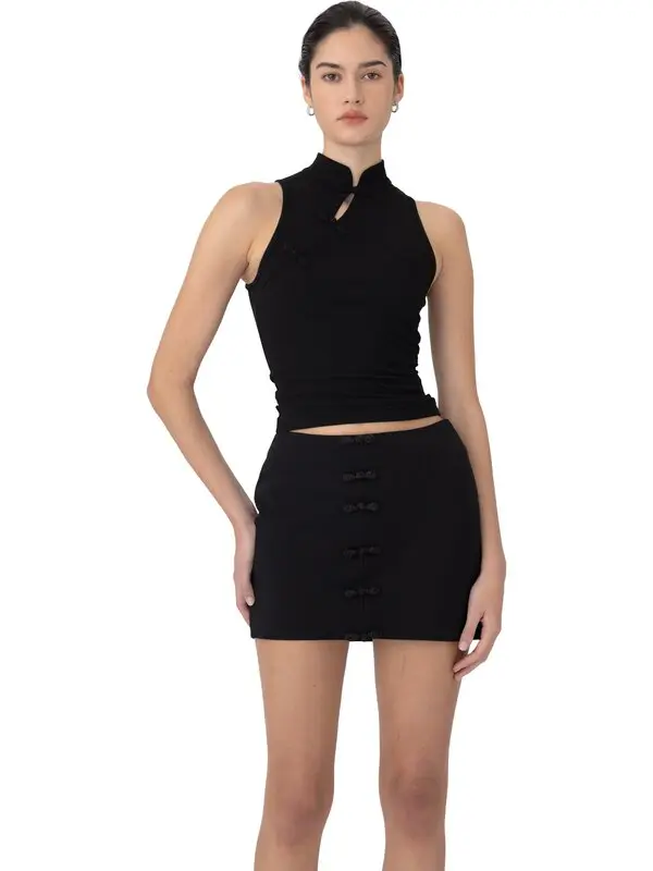 SAU LEE Tao Knit Mandarin Collar Top With Knot Detailing - Black