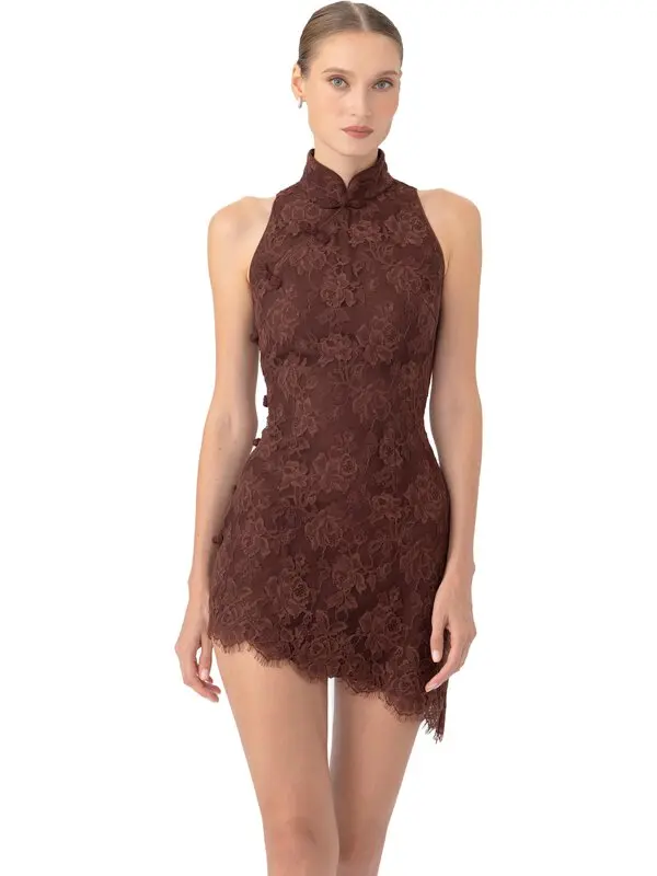 SAU LEE Silba Lace Mini Dress With Mandarin Collar And Scalloped Hem - Dark Walnut