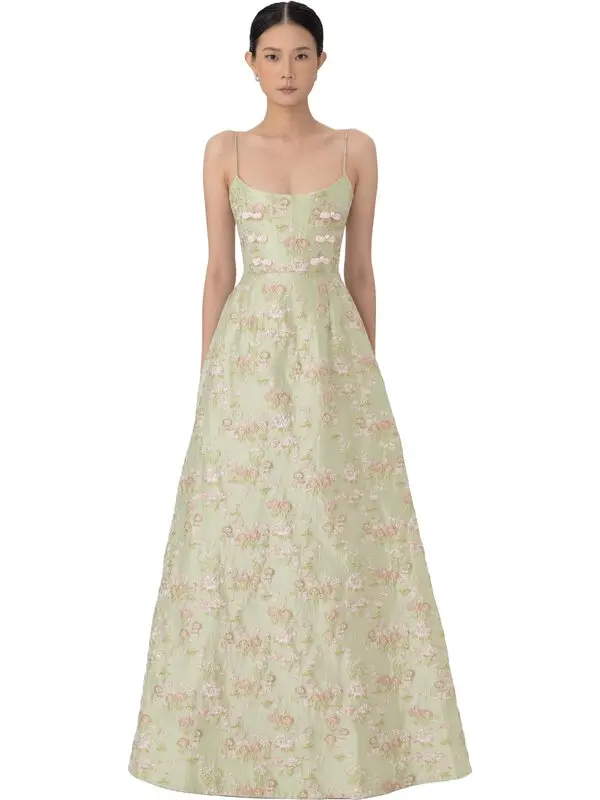 SAU LEE Andrea Brocade Gown With Floral Embellishments - Pastel Pistachio