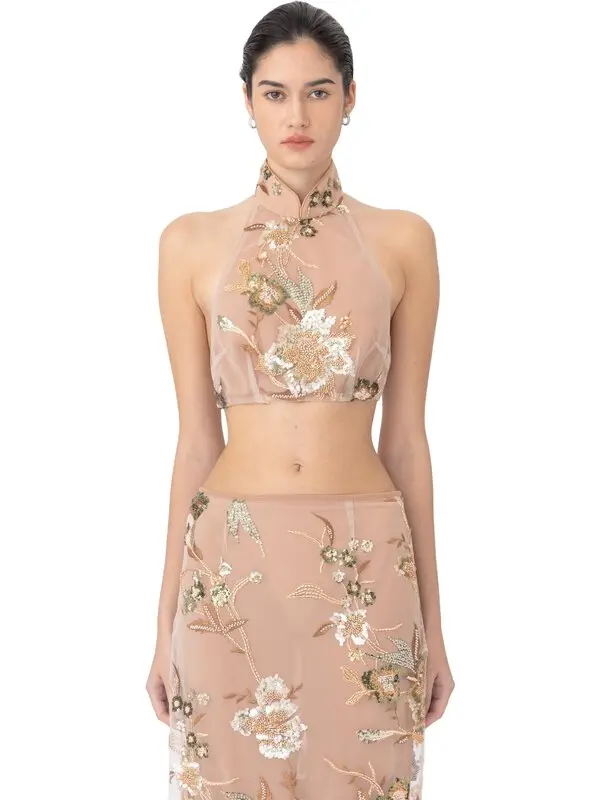 SAU LEE Eliza Embellished Halter Neck Cropped Top - Taupe Multi