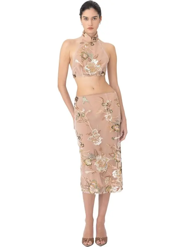 SAU LEE Eliza Embellished Midi Skirt - Taupe Multi