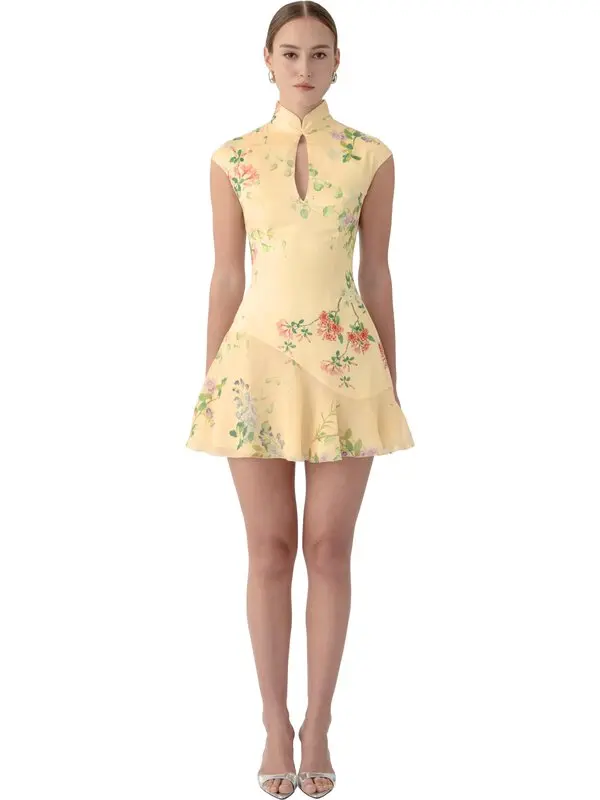 SAU LEE Lili Mini Dress Watercolour Floral Chiffon - Soft Yellow