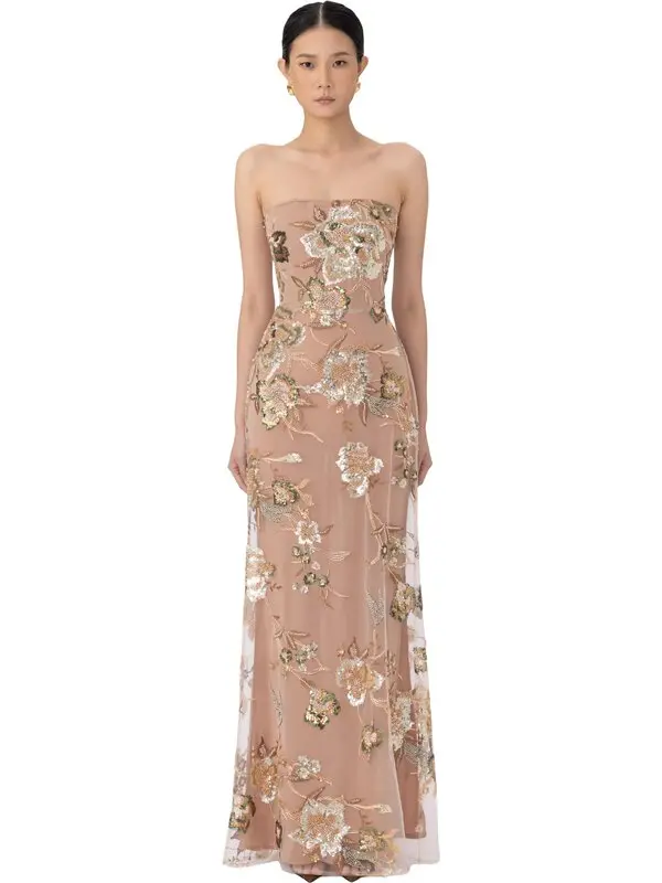 SAU LEE Pippa Strapless Embellished Maxi Gown - Taupe Multi