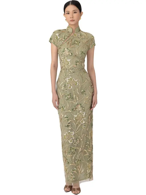 SAU LEE Seraphine Embroidered Midi Dress - Sage Green