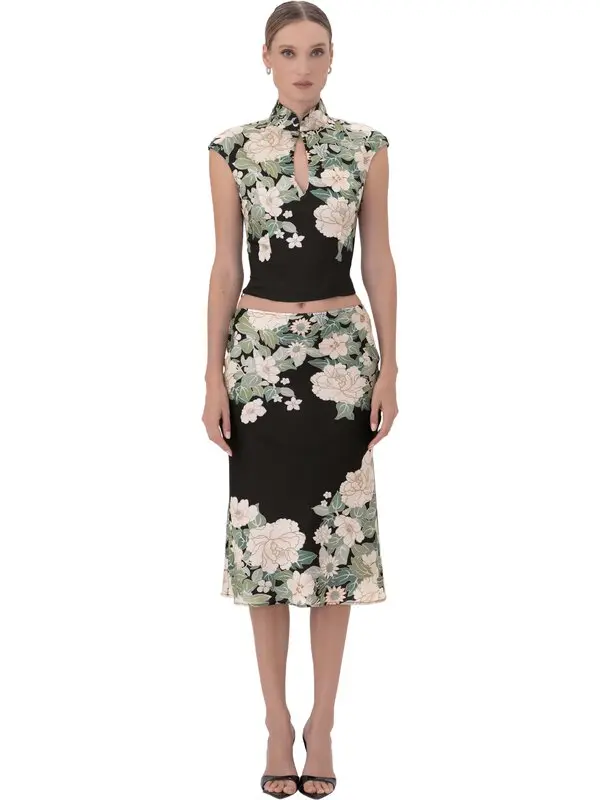 SAU LEE Dara Printed Midi Skirt - Black Multi