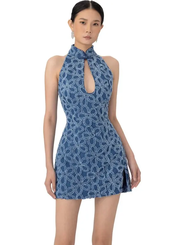 SAU LEE Eva Denim Mini Dress With Mandarin Collar And Knot Buttons - Denim Multi