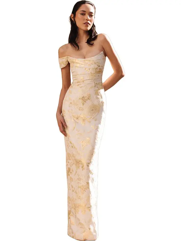SAU LEE Jackson Jacquard Off-shoulder Gown - White Gold