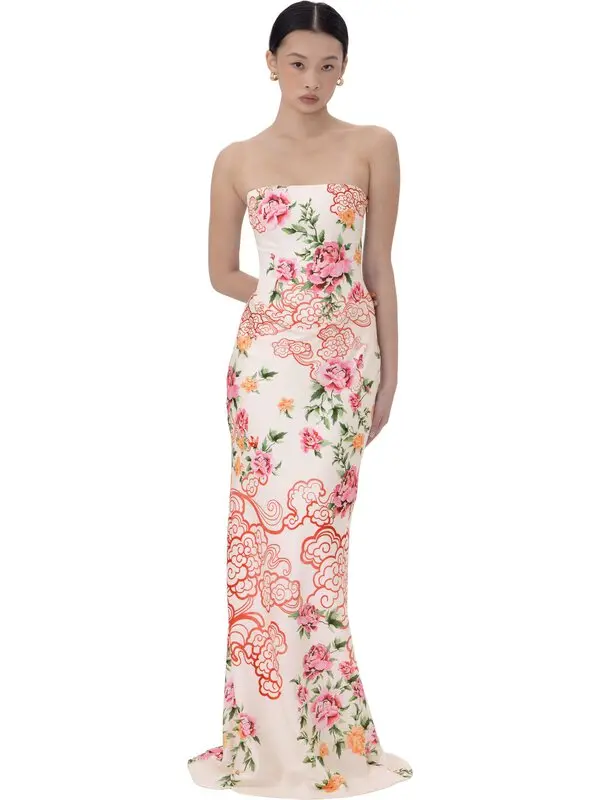 SAU LEE Alisa Strapless Floral Print Maxi Gown - White Multi