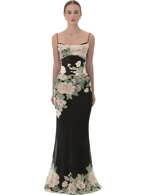 SAU LEE Esme Dress With Handcrafted Peony Print And Corset Detail - Black Multi