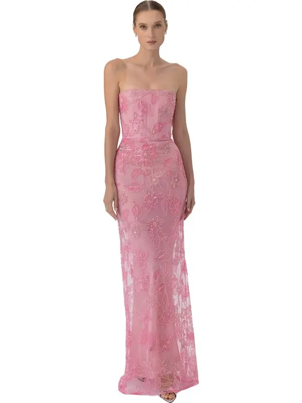 SAU LEE Courtney Strapless Embellished Floral Lace Maxi Dress - Rose Pink