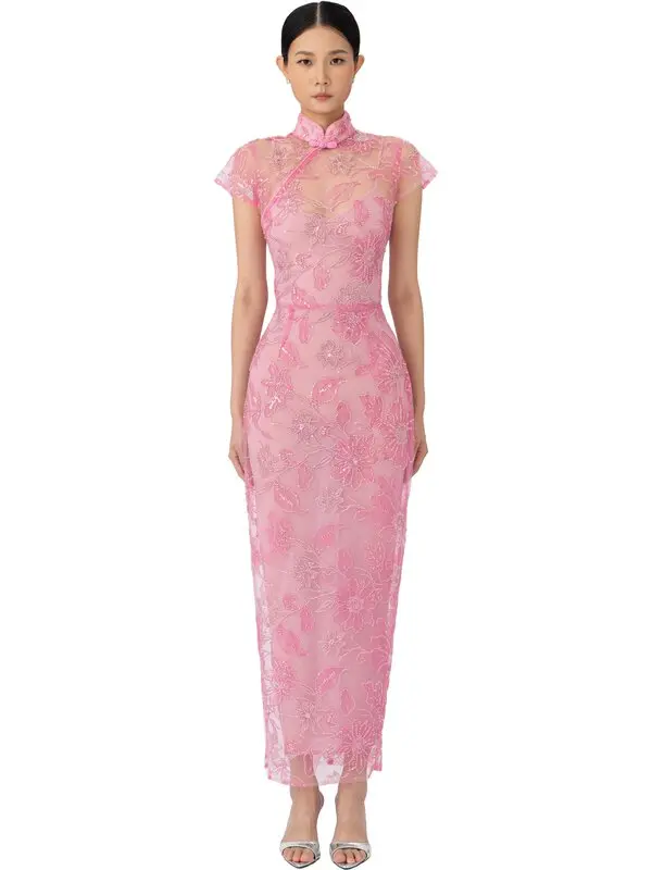 SAU LEE Charlize Floral Beaded Lace Maxi Dress - Rose Pink