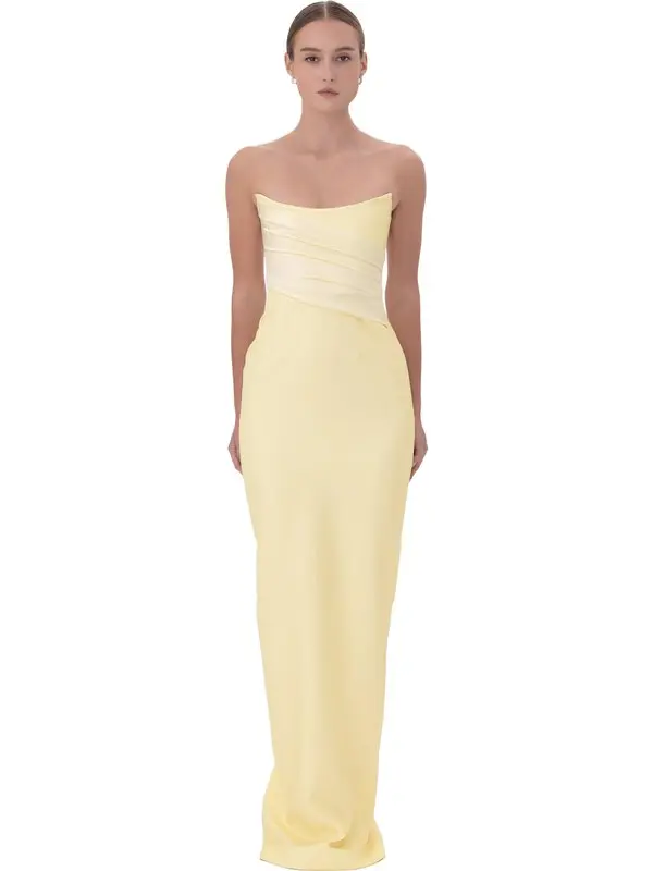 SAU LEE Louisa Gown Strapless Crepe Gown With Corset And Draping - Pale Yellow