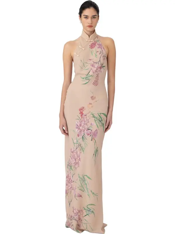 SAU LEE Gillian Chiffon Floral Print Halterneck Maxi Dress - Soft Clay