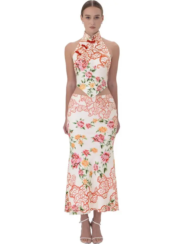 SAU LEE Fiora Printed Satin Midi Skirt - White Multi