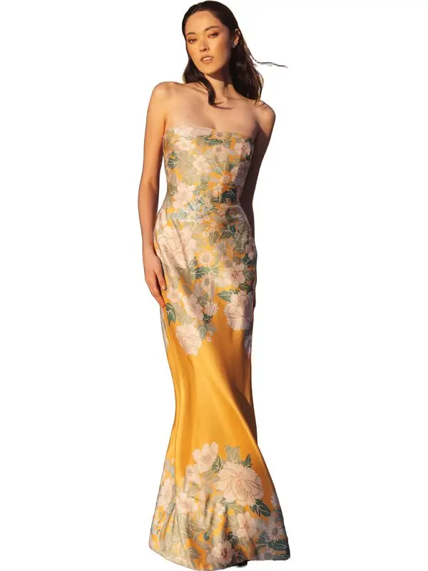 SAU LEE Hesper Strapless Satin Gown With Floral Print - Yellow Multi