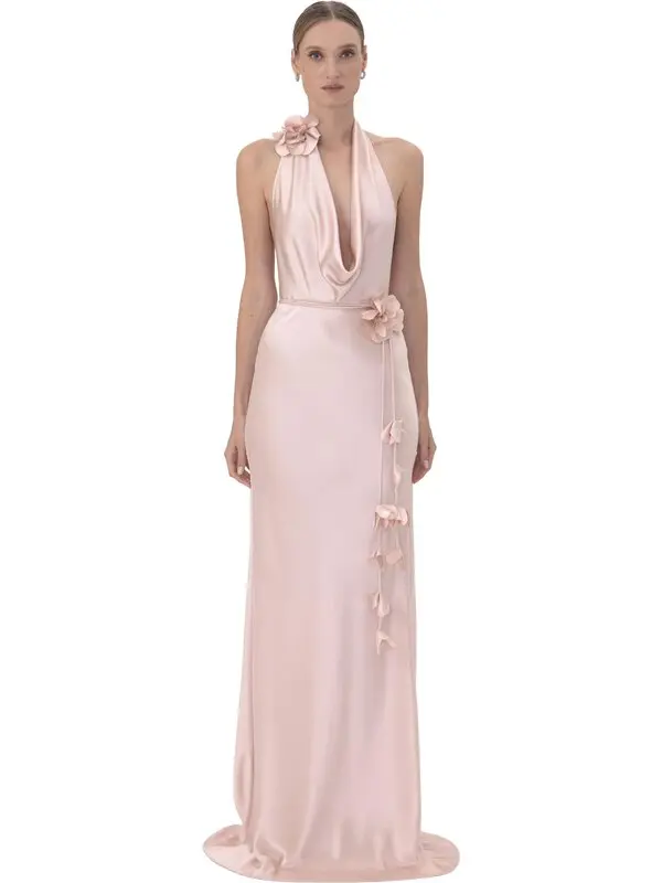 SAU LEE Delphine Satin Gown With Floral Appliqué And Draped Neckline - Pink Petal