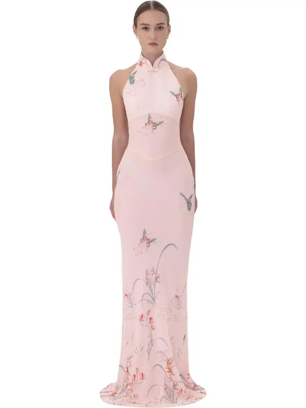 SAU LEE Nikita Embroidered Chiffon Halter Neck Maxi Dress - Pink Multi
