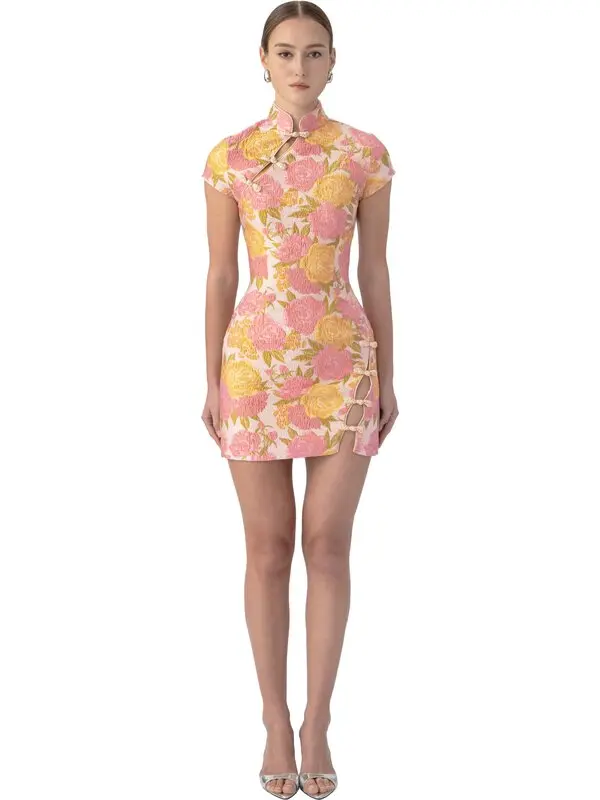 SAU LEE Jada Jacquard Cheongsam Mini Dress - Pink Multi