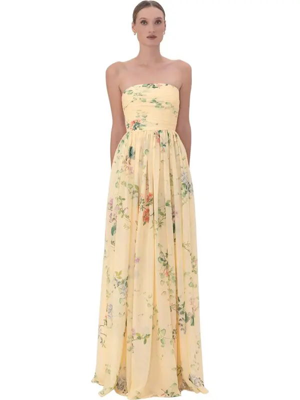 SAU LEE Camille Strapless Watercolour Floral Chiffon Maxi Dress - Soft Yellow