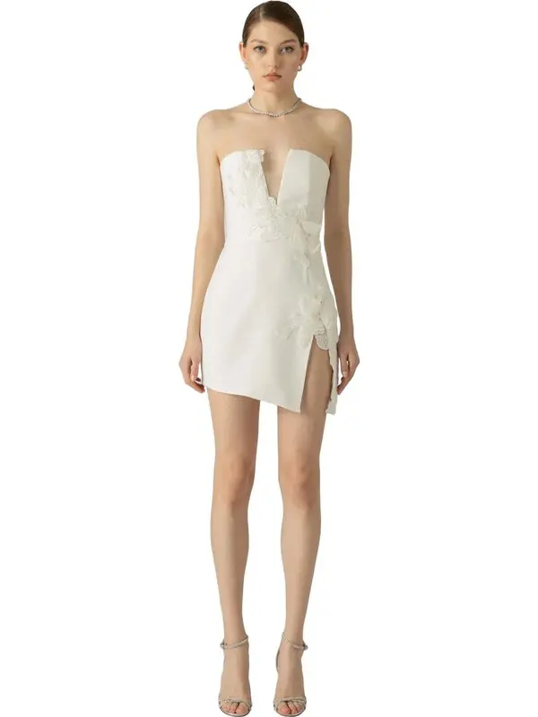 SAU LEE Fleur Mini Dress Strapless Lace Applique With Plunge Neckline - White