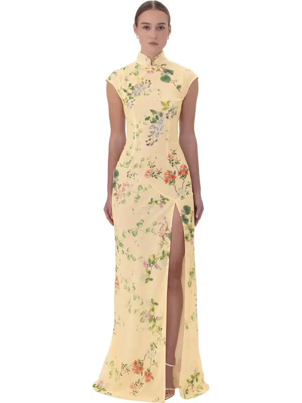 SAU LEE Melina Floral Chiffon Maxi Dress - Soft Yellow