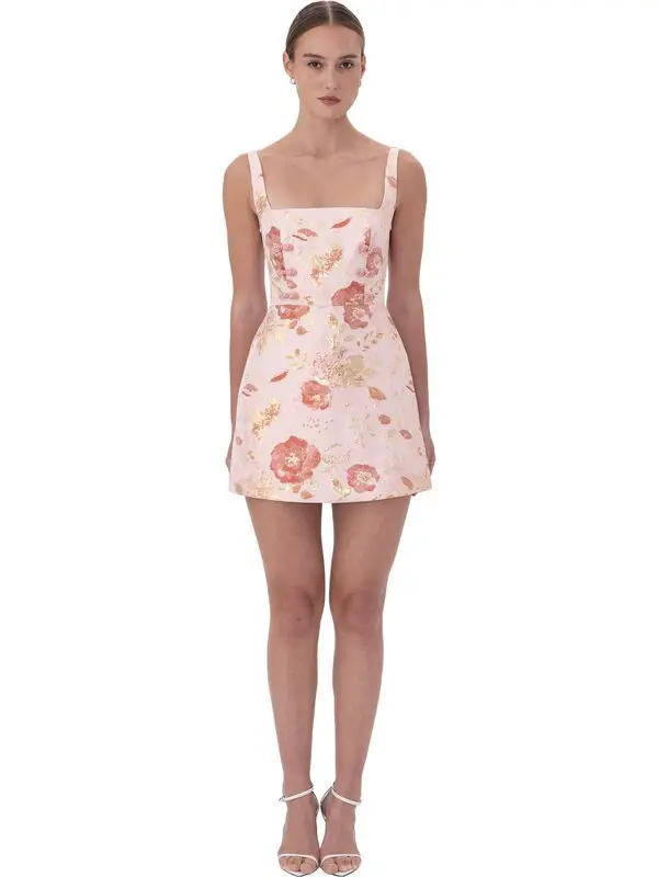 SAU LEE Tessa Mini Dress With Floral Jacquard And Metallic Accents - Pink Multi