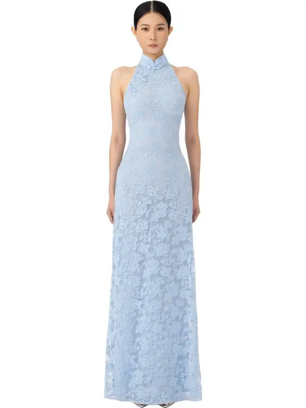 SAU LEE Gillian Lace Cheongsam Inspired Maxi Dress - Sky Blue
