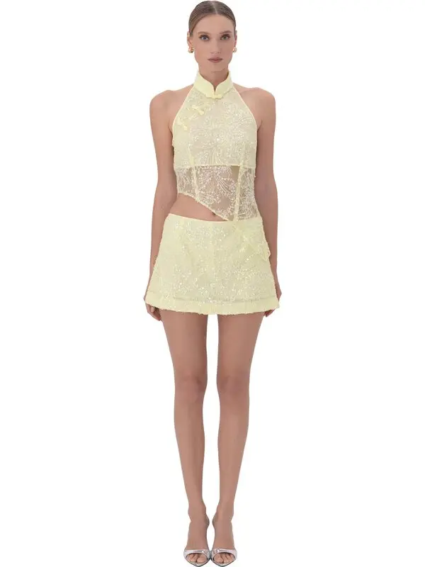 SAU LEE Tilly Beaded Set With Cheongsam-inspired Top And Mini Skirt - Pale Yellow