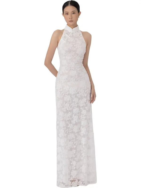 SAU LEE Gillian Lace Cheongsam Inspired Maxi Dress - White