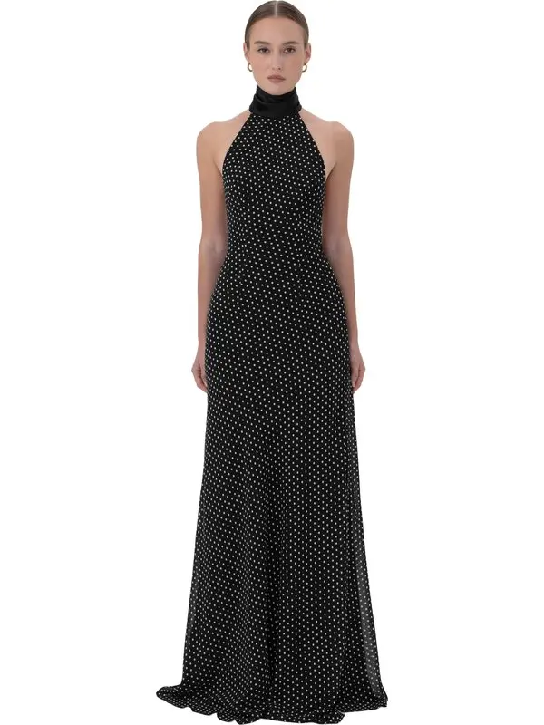 SAU LEE Tanya Polka Dot Chiffon Halterneck Maxi Dress - Black