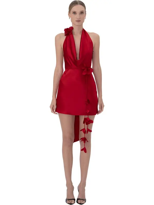 SAU LEE Isola Mini Dress With Floral Appliqués And Cascading Scarves - Red Chilli Pepper