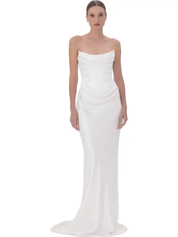 SAU LEE Margot Strapless Draped Satin Gown - Ivory