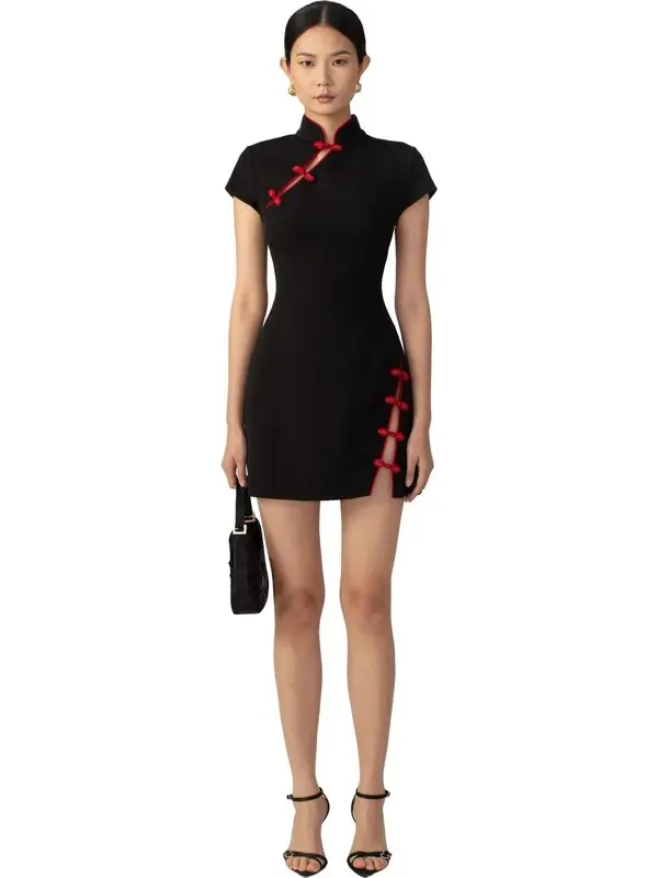 SAU LEE Isa Mini Dress With Mandarin Collar And Asymmetrical Slits - Black