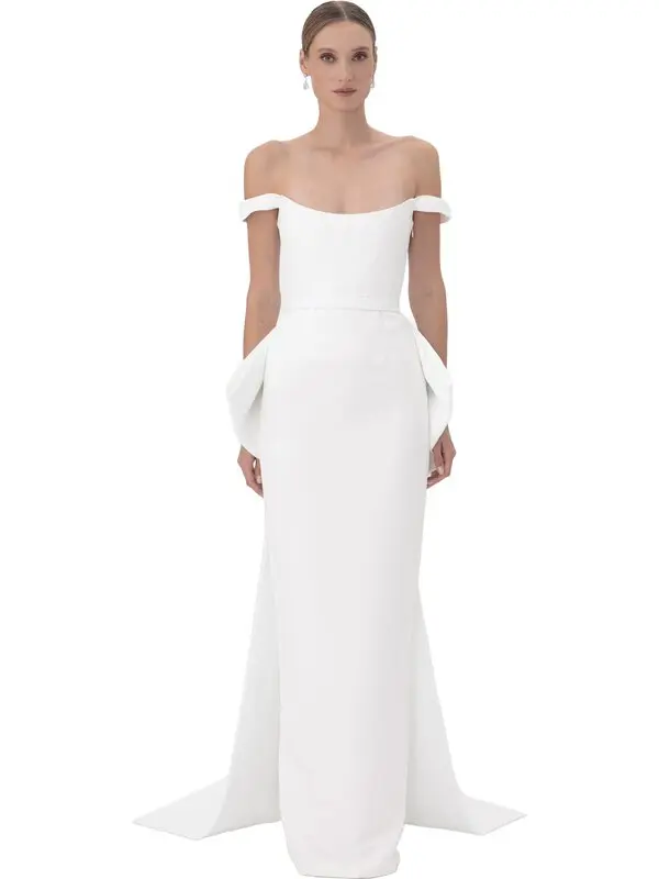 SAU LEE Stefania Satin Gown With Off-the-shoulder Silhouette And Detachable Bow Train - Ivory