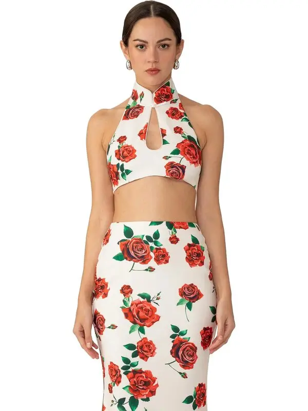 SAU LEE Riley Rosa Print Halter Top - White Multi