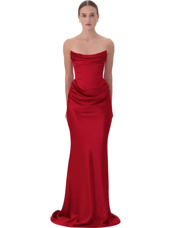 SAU LEE Margot Satin Gown With Draped Bust And Hand-tied Pipa Knot Details - Red
