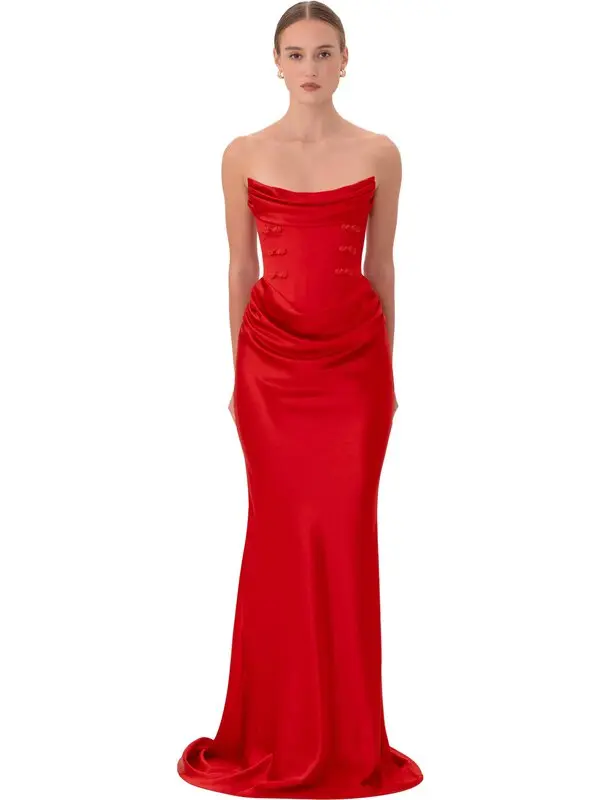SAU LEE Margot Satin Gown With Draped Bust And Hand-tied Pipa Knot Details - Red