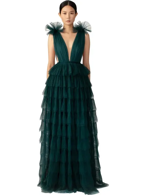 SAU LEE Sabrina Tulle Gown - Emerald