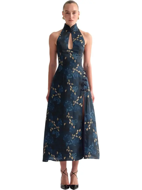 SAU LEE Victoria Satin Midi Dress - Navy Multi