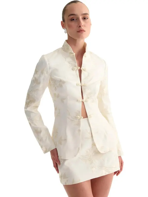 SAU LEE Roan Satin Tang Blazer With Mandarin Collar - Ivory